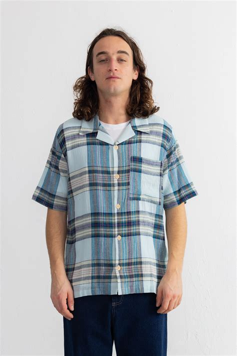 Folk Short Sleeve Soft Collar Shirt Ocean Blue Check
