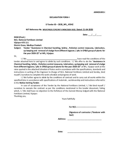 Fillable Online Annexure I Declaration Form I E Tender Id Fax Email Print Pdffiller