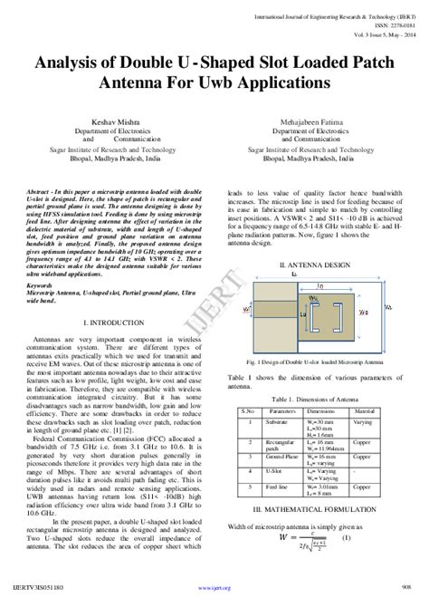 Pdf Ijert Analysis Of Double U Shaped Slot Loaded Patch Antenna For Uwb Applications