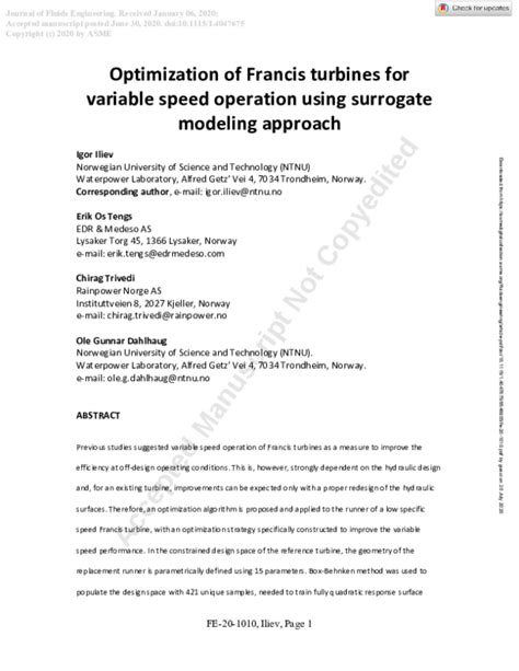 Pdf Optimization Of Francis Turbines For Variable Speed Operation