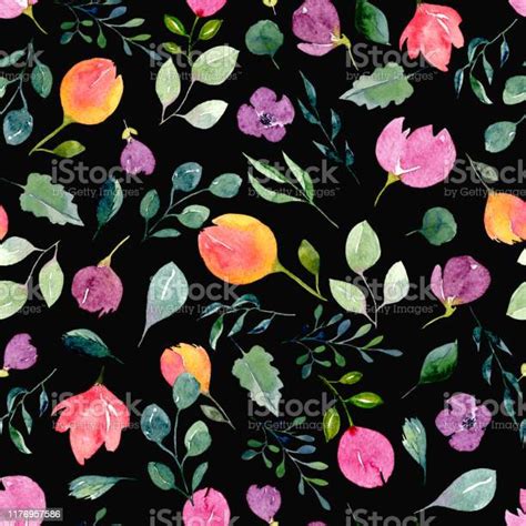 어두운 배경에 수채화 꽃과 잎의 원활한 질감 단풍과 꽃 요소가 있는 밝은 여름 프린트 검은색에 대한 스톡 벡터 아트 및 기타 이미지 검은색 빨강 수채화 Istock