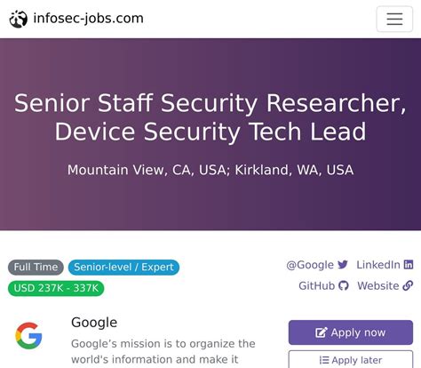 Hiring Usd 237k 337k Senior Staff Security Researcher Device
