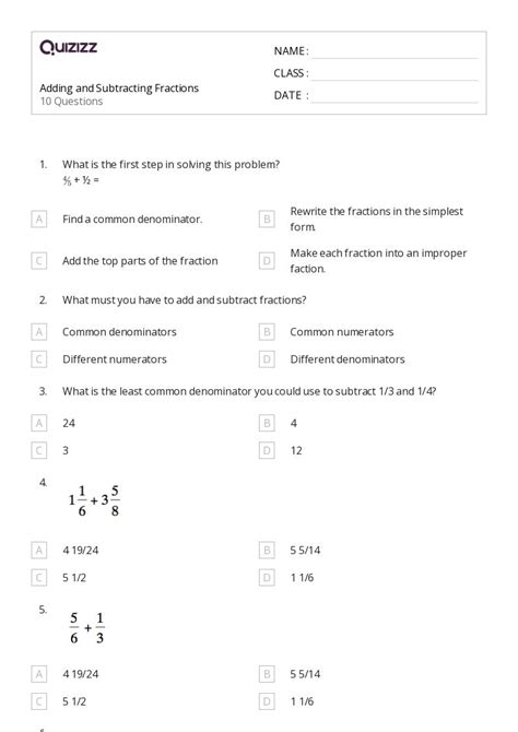 50 Adding And Subtracting Fractions Worksheets For 6th Class On Quizizz Free And Printable