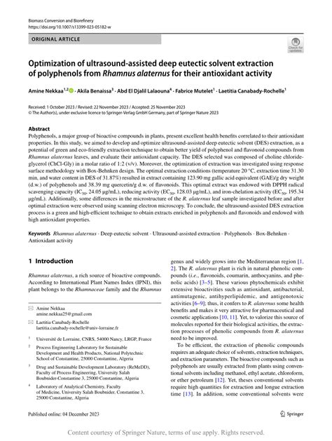 Optimization Of Ultrasound Assisted Deep Eutectic Solvent Extraction Of Polyphenols From Rhamnus