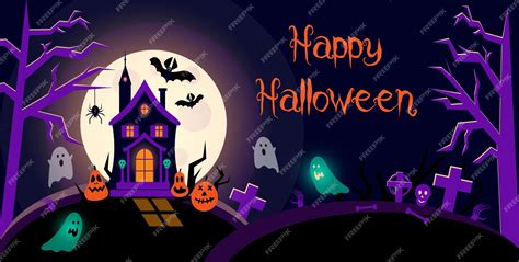 Premium Vector Halloween Landscape On Dark Background With Pumpkins Ghosts Bats And Graveyard