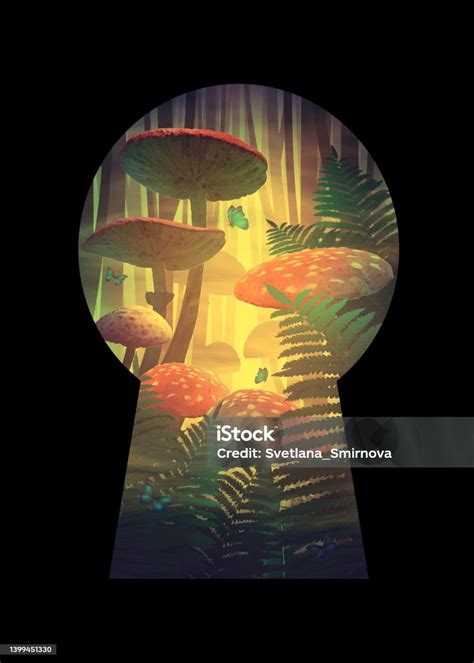 검은 배경에 열쇠 구멍의 실루엣과 버섯이있는 환상적인 원더 랜드 숲 풍경 이상한 나라의 앨리스에 대한 스톡 벡터 아트 및 기타 이미지 이상한 나라의 앨리스 열쇠구멍