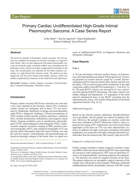 Pdf Primary Cardiac Undifferentiated High Grade Intimal Pleomorphic Sarcoma A Case Series Report