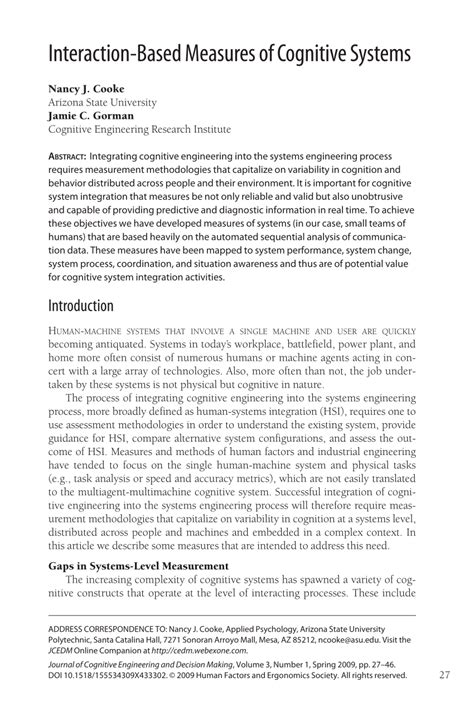 Pdf Interaction Based Measures Of Cognitive Systems