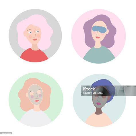 살롱 절차 미용 요법 벡터 얼굴 마스크 아이 마스크를 입고 플랫 디자인 여성 젊은 여성 아바타 아이콘의 세트 그래픽 디자인 일러스트 의 가리 나 시간 스킨 케어 웰빙 셀프