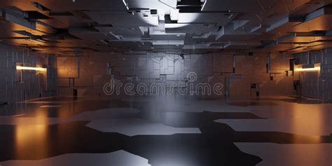 Dimly Lit Room With Black And White Floor 3d Render Illustration Stock Illustration