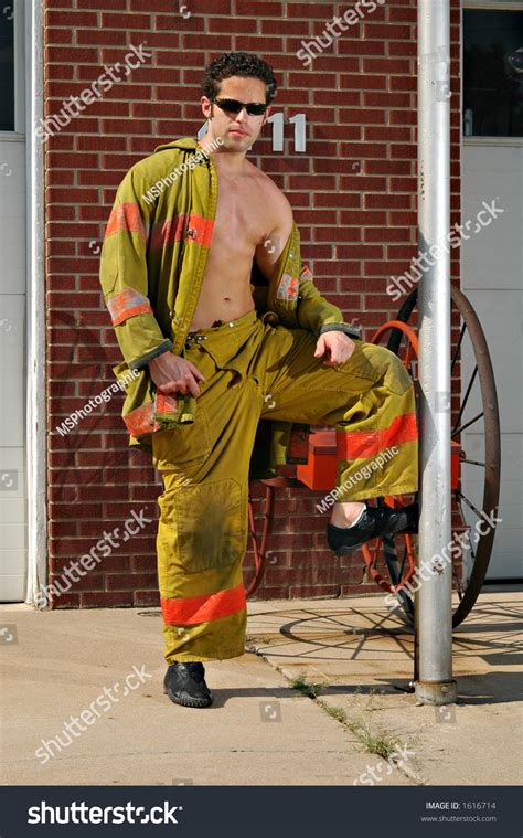 Sexy Fireman Front Fire Station Foto Stok 1616714 Shutterstock