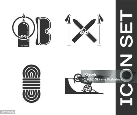 거리 경사로에 자전거 다이빙 마스크와 아쿠아룽 등산가 로프와 스키와 스틱 아이콘을 설정합니다 벡터 겨울에 대한 스톡 벡터 아트 및 기타 이미지 Istock