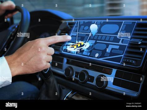 Man Using Navigation System While Driving Car Closeup Stock Photo Alamy
