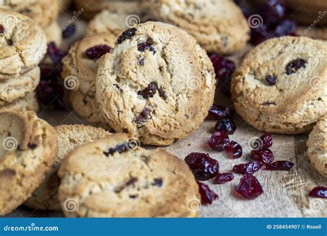 Biscoitos Secos Deliciosos Feitos De Farinha De Alta Qualidade Com Amoras Vermelhas Secas Na