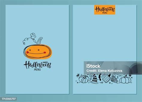 낙서 스케치 서예 글자 레이블이 있는 할로윈 메뉴 템플릿입니다 쌍방 레스토랑 카페 메뉴 템플릿 디자인 전단지 초대장 표지 브로셔 파란색 배경에 벡터 그림입니다 10월에 대한