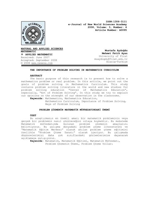 Pdf The Importance Of Problem Solving In Mathematics Curriculum
