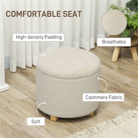 Homcom 45cm Round Storage Ottoman Teddy Fleece Footstool With