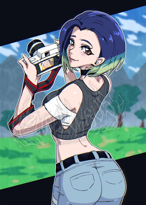 Rule 34 1girls Ass Azure Nimbus Back View Blue Hair Brown Eyes Camera Curvy Green Hair Hi Res