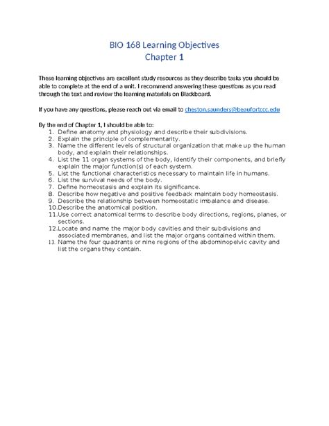 168 Chapter 1 Learning Objectives F24 Bio 168 Learning Objectives Chapter 1 These Learning