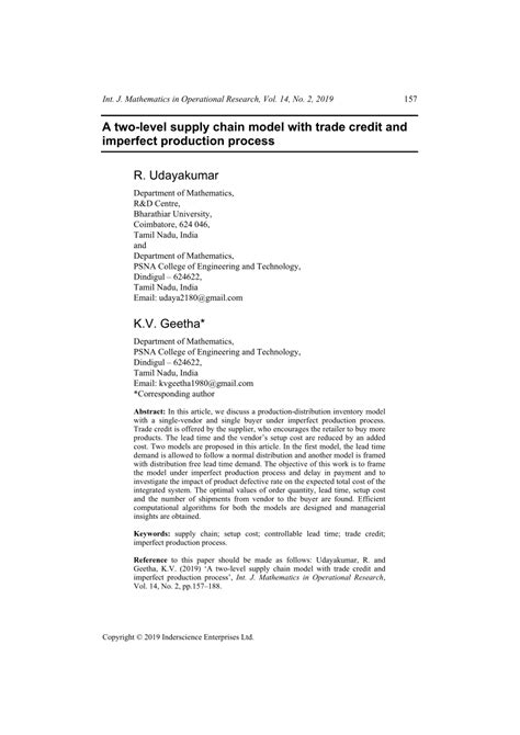 Pdf A Two Level Supply Chain Model With Trade Credit And Imperfect Production Process