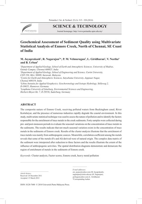 Pdf Geochemical Assessment Of Sediment Quality Using Multivariate Statistical Analysis Of