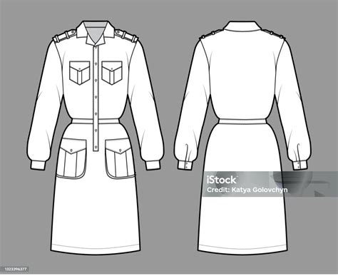 드레스 사파리 기술 패션 일러스트와 긴 소매 커프 플랩 카고 포켓 견장 무릎 길이 0명에 대한 스톡 벡터 아트 및 기타 이미지