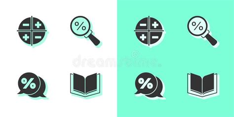 Set Open Book Xyz Coordinate System Discount Percent Tag And Magnifying Glass With Icon