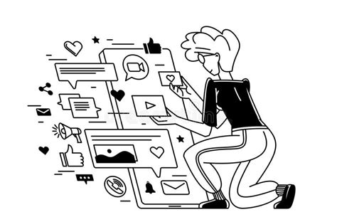 Work In Social Media Influencer Messaging And Comment Some Posts Vector Outline Illustration