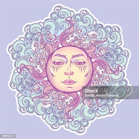 장식 스티커입니다 곱슬 화려한 구름에 인간의 얼굴을 가진 동화 스타일 태양 문신 섬유 인쇄 또는 인사말 카드 디자인에 대 한 장식 요소 고풍스런에 대한 스톡 벡터 아트 및