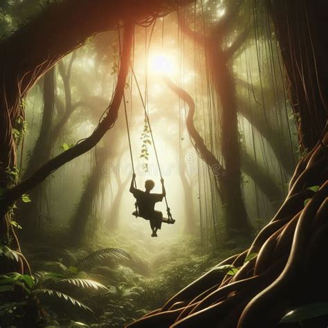 Vine Swing A Person Swinging From A Vine In A Dense Jungle Stock