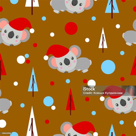 빨간 크리스마스 모자를 쓰고 코알라 아기들과 함께 누워 웃고 있는 매끄러운 패턴 전나무 나무 갈색 배경 흰색 빨간색 및 파란색 색종이 엽서 스크랩북 섬유 벽지 포장지 가공의