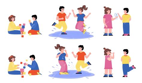 격리 된 좋은 나쁜 행동 평면 벡터 일러스트와 함께 어린이의 집합 프리미엄 벡터