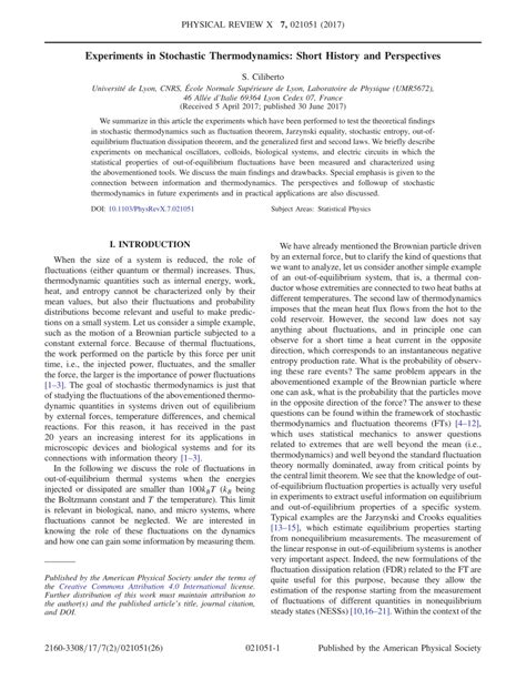 Pdf Experiments In Stochastic Thermodynamics Short History And