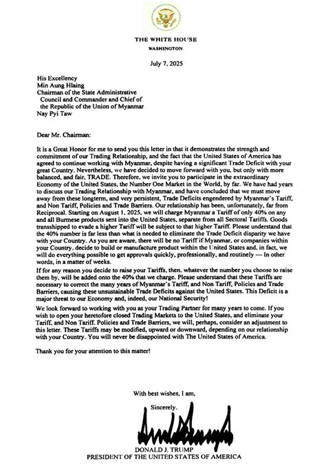 အမေရိကန်သမ္မတ ဒေါ်နယ်ထရမ့်က မြန်မာနိုင်ငံအပါအဝင် နိုင်ငံ ၁၄ နိုင်ငံအား သွင်းကုန်ခွန်တိုးမြှင့်စည