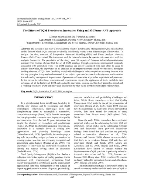 Pdf The Effects Of Tqm Practices On Innovation Using An Ismfuzzy Anp Approach