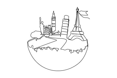 유명한 세계 랜드마크가 있는 연속 한 선 그리기 평면 세계 여행자 개념 단일 선 그리기 디자인 벡터 그래픽 그림 프리미엄 벡터