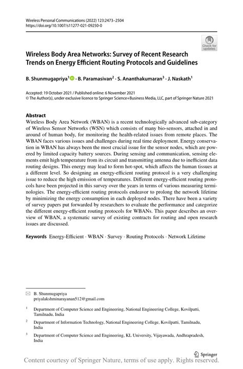 Wireless Body Area Networks Survey Of Recent Research Trends On Energy Efficient Routing