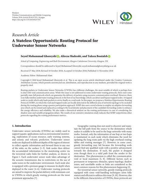 Pdf A Stateless Opportunistic Routing Protocol For Underwater Sensor Networks