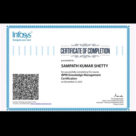 Completed Ibpm Knowledge Management Certification Infosys Bpm Sampath