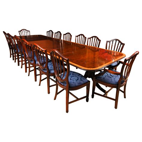 Vintage 14 Ft Three Pillar Mahogany Dining Table And 16 Chairs 20th