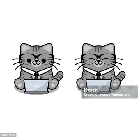 귀여운 줄무늬 고양이 회색 색상 넥타이와 안경 작업 노트북 만화 벡터 일러스트 레이 션 가축에 대한 스톡 벡터 아트 및 기타