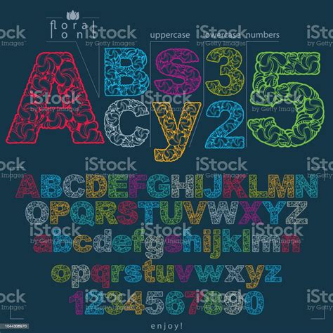 벡터 화려한 편지와 숫자 꽃 무늬 Typescript의 집합입니다 다채로운 캐릭터 초본 텍스처를 사용 하 여 만든입니다 0명에