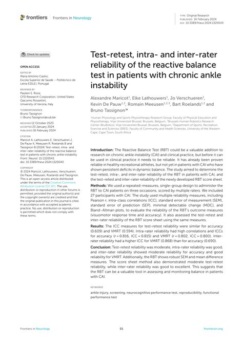 Pdf Test Retest Intra And Inter Rater Reliability Of The Reactive Balance Test In Patients