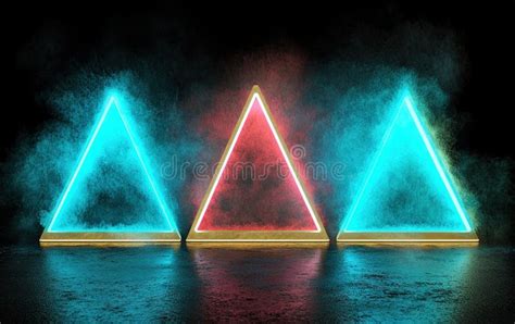 Colorful Glowing Triangular Shapes Illuminated In A Dark Space With Smoke Effects During A
