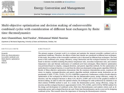 Multi Objective Optimization And Decision Making Of Endoreversible