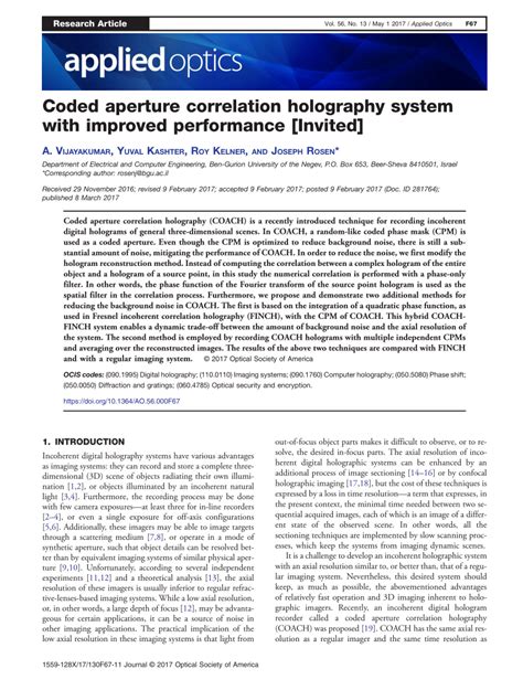 Pdf Coded Aperture Correlation Holography System With Improved Performance [invited]