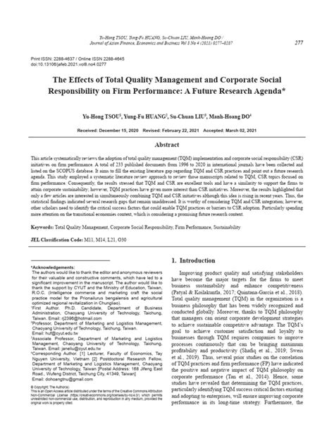 Journal Tqm Korea The Effects Of Total Quality Management And Corporate