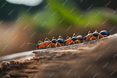 Un Grupo De Hormigas Están Alineadas En Un Tronco De árbol Foto Premium