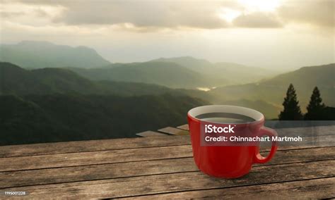 아침에 나무 테이블 산 전망에 빨간 컵에 검은 커피 3d 렌더링 갈색에 대한 스톡 사진 및 기타 이미지 갈색 건강한 생활방식 검은색 Istock