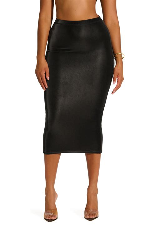 Naked Wardrobe Strapless Faux Suede Midi Pencil Skirt Black